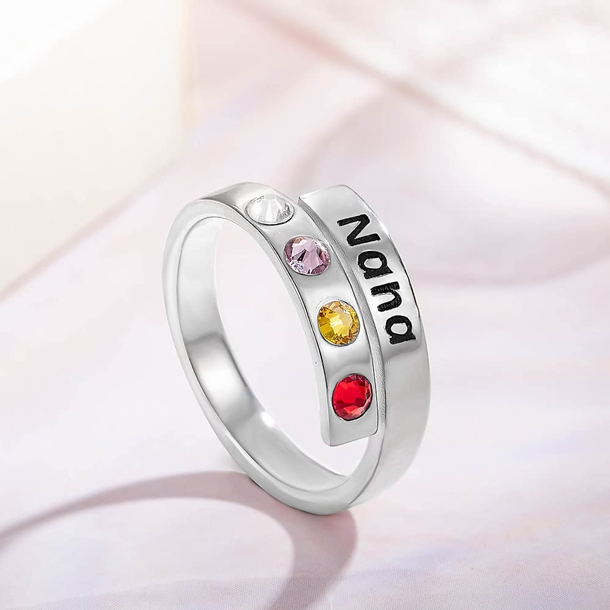 Custom Engraved Initials Name Rings For Women 925 Sterling Silver/Copper/Stainless Steel Stackable Mother Rings Anniversary Personalized 1-10 Birthstone Rings Grandma Birthday Gifts For Nana Mom