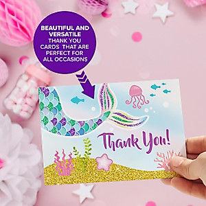 Decorably 30 Pack Glittery 4.9x3.5in Mermaid Thank You Cards with Envelopes and Stickers, 6 Sparkly Designs, Blank Inside, Baby Shower, Weddings, Birthdays