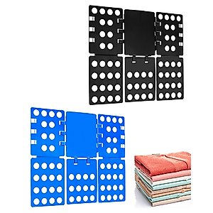QWORK PP Composite Folding Board, 2 Pack Folding Clothes Board - Black + Blue, One-Hand Operation Laundry Folding Tool, Non-Slip Silicone Buckles, T Shirt Folder, Laundry Folders for All Garments