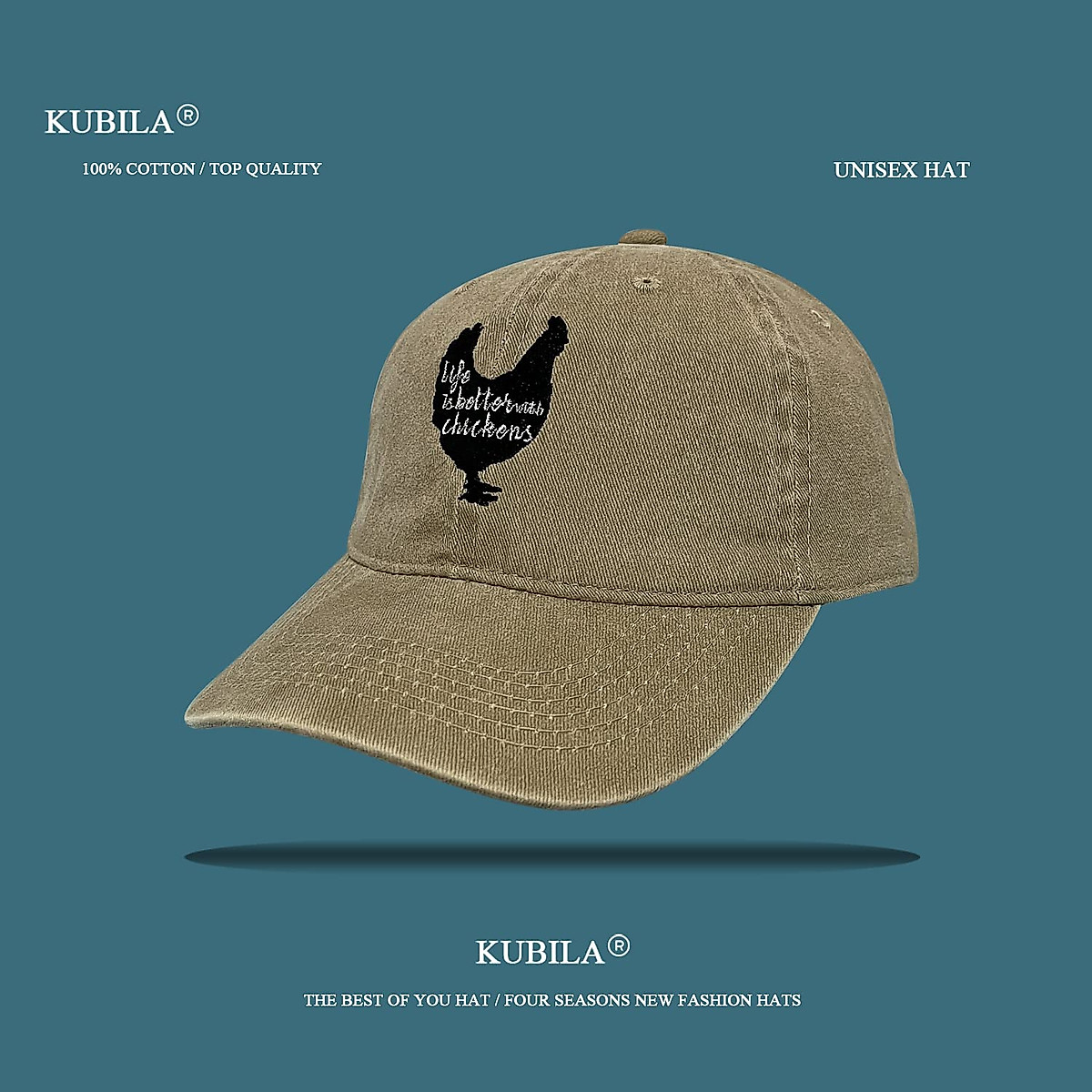 KUBILA Life is Better with Chickens Baseball Cap,Vintage Washed Cotton Denim Adjustable Low Profile Dad Hat for Men and Women Khaki