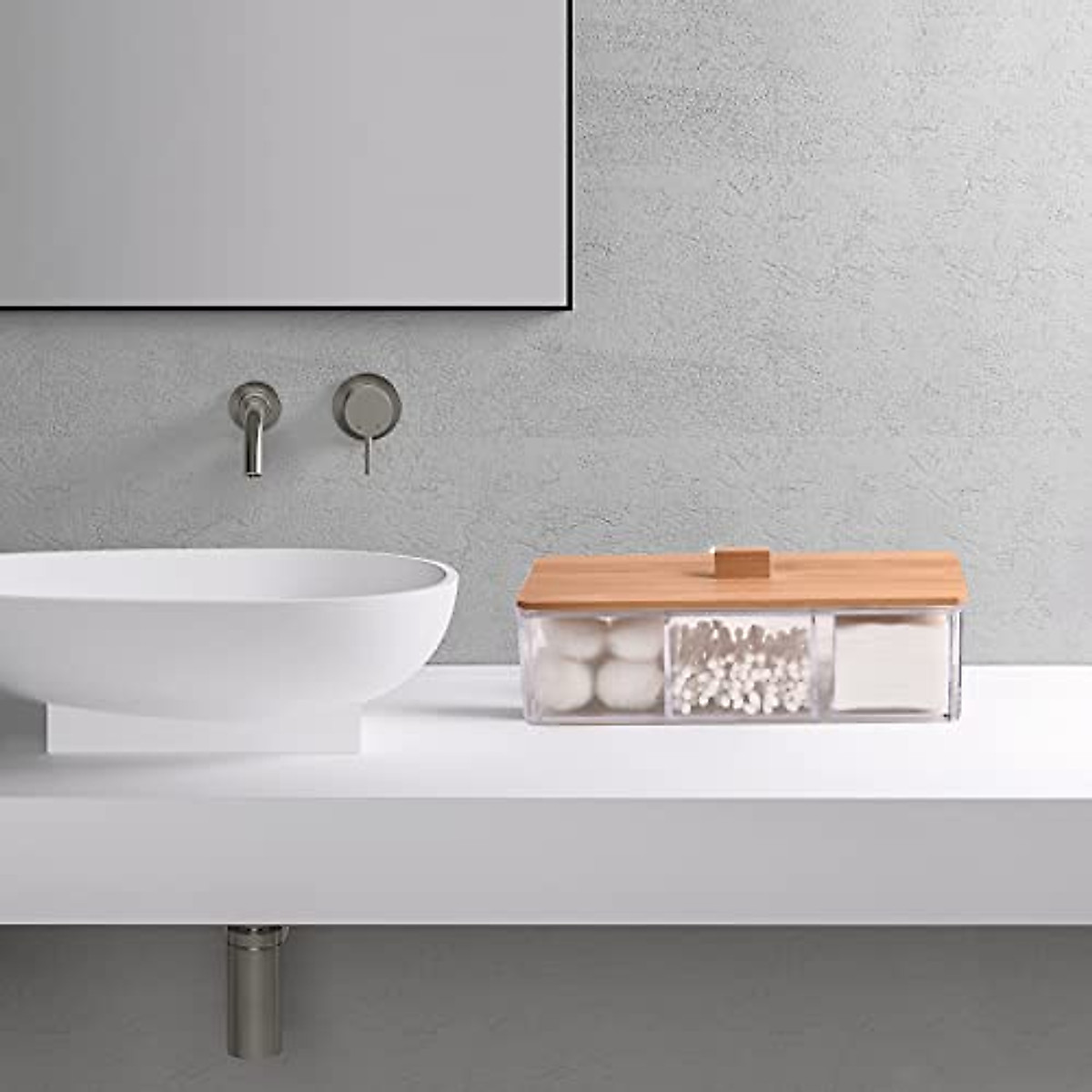 Eiyye Wood QTips Holder, Cotton Swab Dispenser, Jar for Cotton Ball, 3 Compartment Dispenser Container Box for Bedroom Vanity Organizers and Bathroom Storage