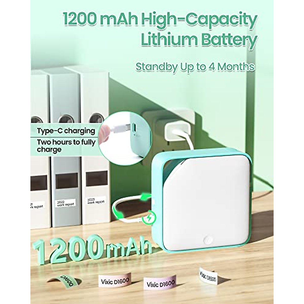 Vixic Label Maker D1600, Small Handheld Bluetooth Label Maker Machine with Tape, Portable Rechargeable Printer for Business Home Office, Multiple Templates Compatible iOS Android, Green Labeler