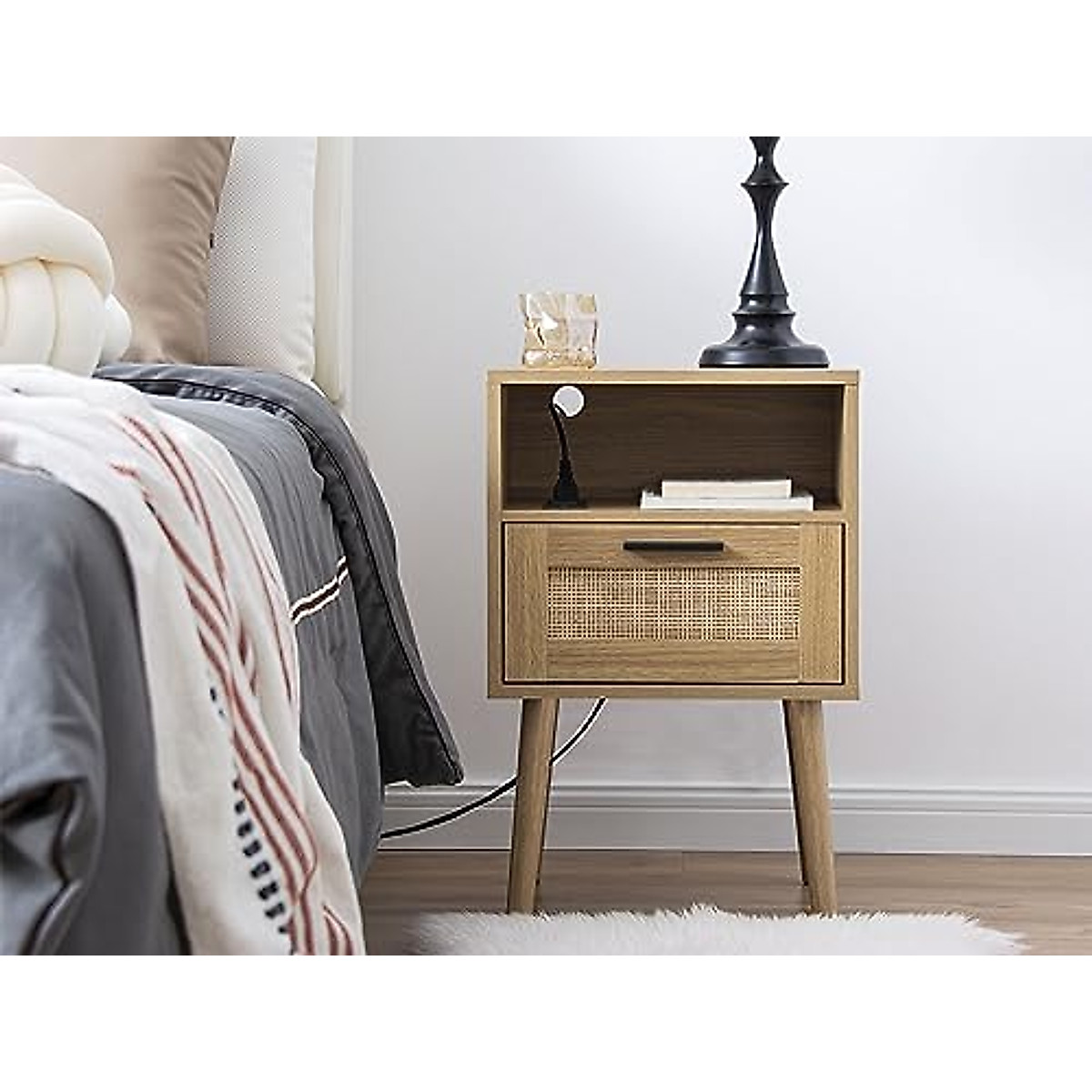 Labcosi Mid Century Modern End Table, Natural Rattan Nightstand with Charging Station, Wooden Bedside Tables for Living Room and Bedroom, Natural Wood Side Table with Storage Drawer
