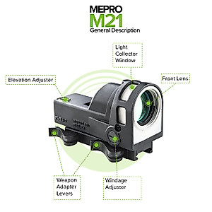 MEPROLIGHT® MEPRO M21 Day and Night Self-Illuminated Fiber Optics and tritium Powered Reflex Red Dot Optic,4.3 Bullseye Reticle, Picatinny.No Batteries no switches