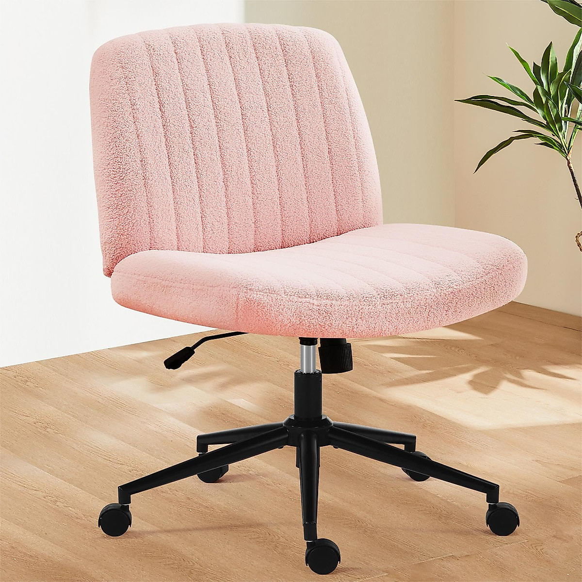 Pink Criss Cross Chair with Wheels, Vanity Desk Chair with Back, Ergonomic Armless Cross Legged Chair with Adjustable High for Vanity Home Office Makeup Room, Teddy Fabric, Comfy Cushion (Pink)
