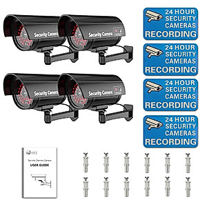 WALI Bullet Dummy Fake Surveillance Security CCTV Dome Camera Indoor Outdoor with 30 Illuminating LED Light and Security Alert Sticker Decals (B30-4), 4 Packs, Black