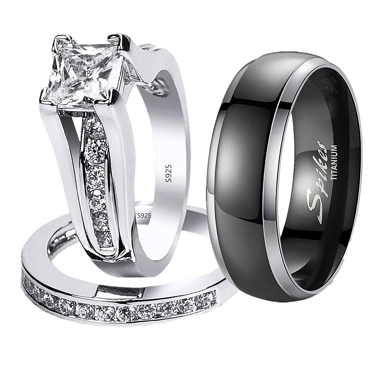 MABELLA His and Hers 3Pc Titanium Matching Band Pretty Women Princess Cut 925 Sterling Silver Wedding Ring Set Women's Size 10 Men's Size 9