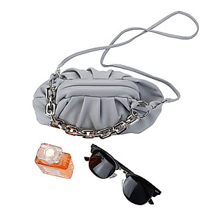 Women's Chain Link Cloud Clutch Bag Dumpling-Shaped Pouch Purse Handbag Ruched Chunky Chain Link Shoulder Handbags (LIGHT GREY)