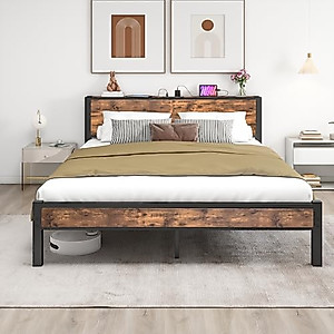DUMEE Metal Queen Bed Frame with Wood Storage Headboard with USB Ports and Charging Station, Metal Platform Bed Frames Queen Size, No Box Spring Needed, Noise Free, Black & Rustic Brown