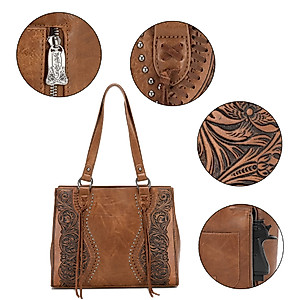 Montana West Trinity Ranch Floral Tooling Hand Bags Purses for Women Tote Bag Western Purse Large Shoulder Handbag with Wallet Set TR147G-8036BR+W