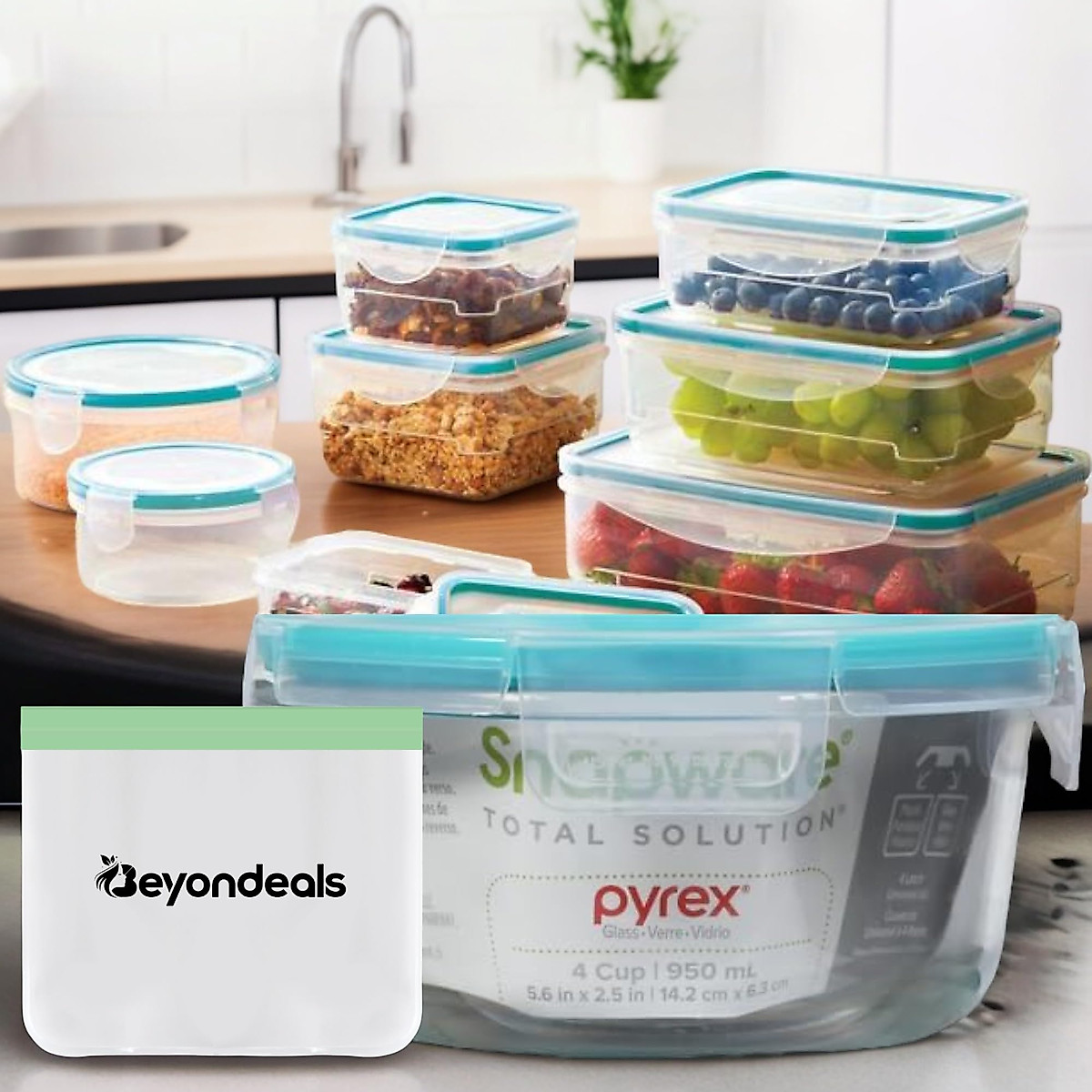 beyondeals 4-Cup Total Solution Glass Food Storage Container, 1.3 Pounds, Bundled Reusable Food Storage Bag Durable BPA-Free, Airtight Lid Round Container, Stackable [Pack of 2]