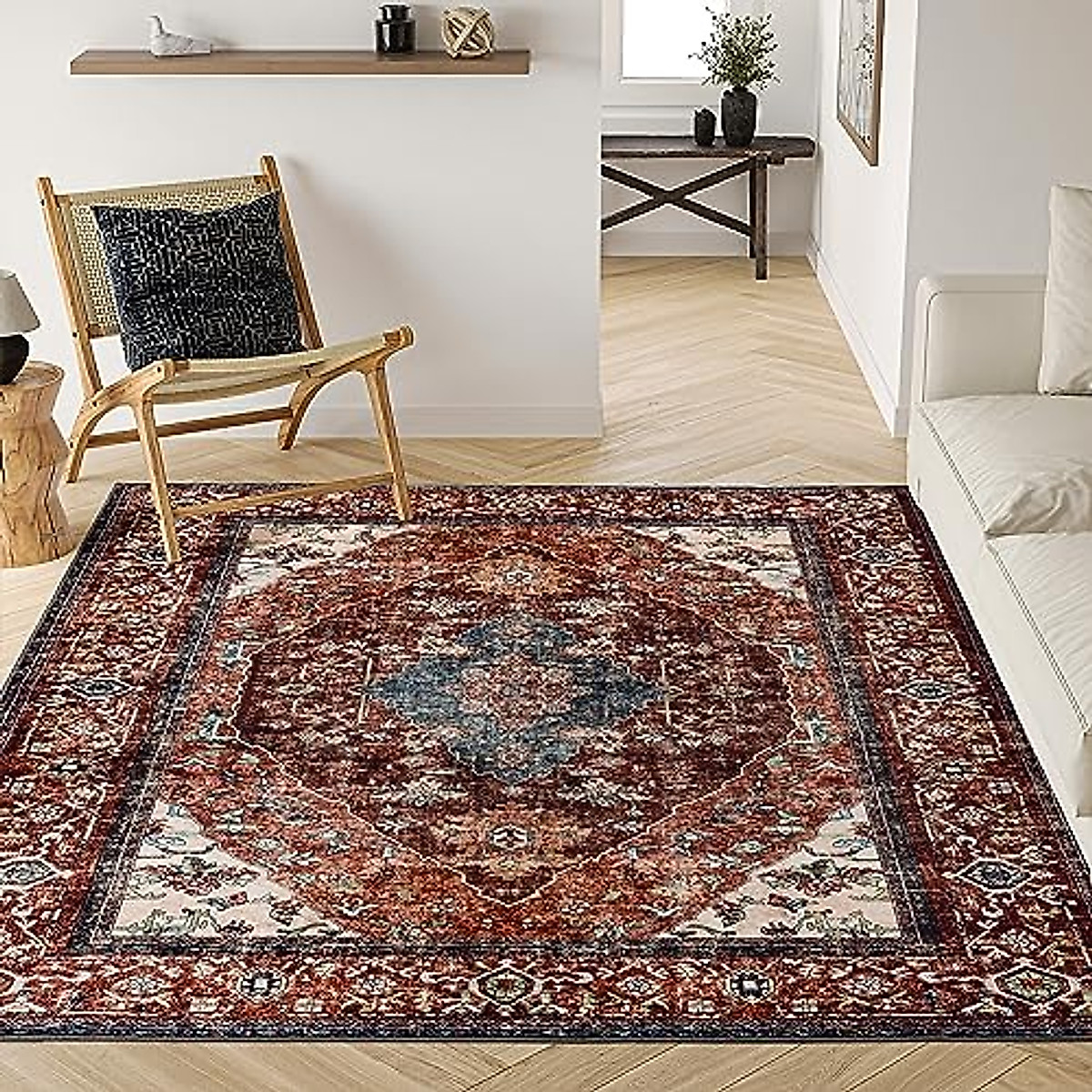 Valenrug Area Rug 5x7 - Stain Resistant Lightweight Washable Rug, Anti-Skid Rugs for Living Room, Vintage Tribal Area Rug(Coffee/Red, 5'x7')