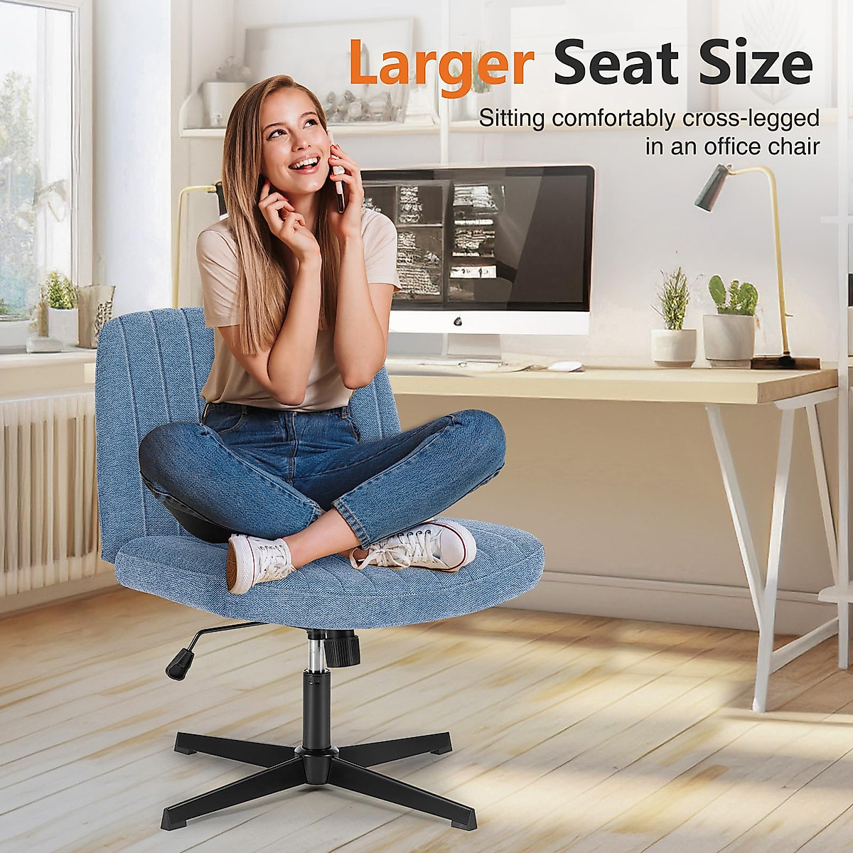 Sweetcrispy Office Chair No Wheels - Armless Desk Chair No Wheels Cross Legged Office Chair Wide Swivel Home Office Desk Chairs
