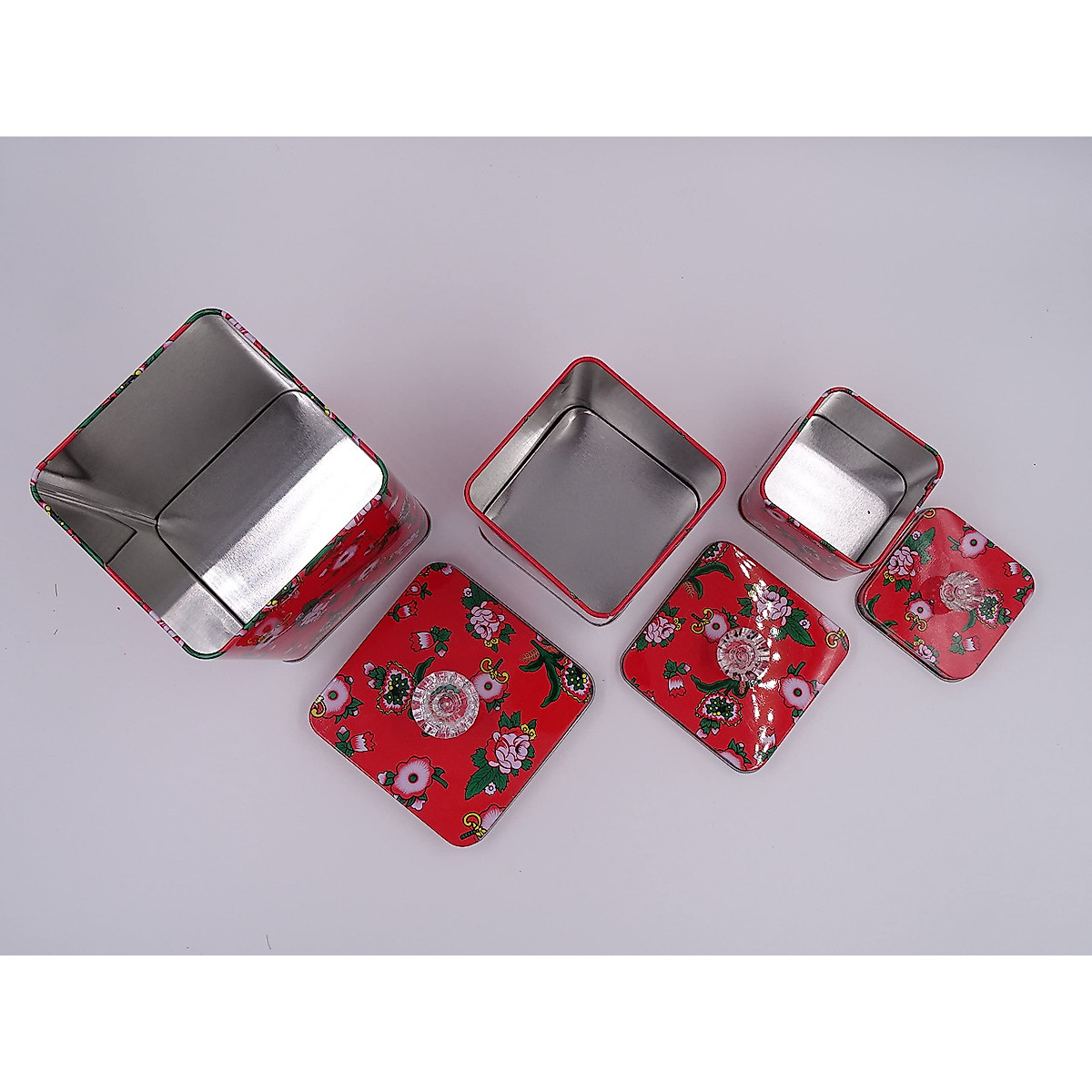 hadaaya Square Red Tin Can Empty Cube Steel Box Storage Container with Crystal Knob for Powder Treats, Gifts, Favors, Loose Tea, Coffee and Crafts, Mini Portable Small Storage Kit, Valentine Day Gift