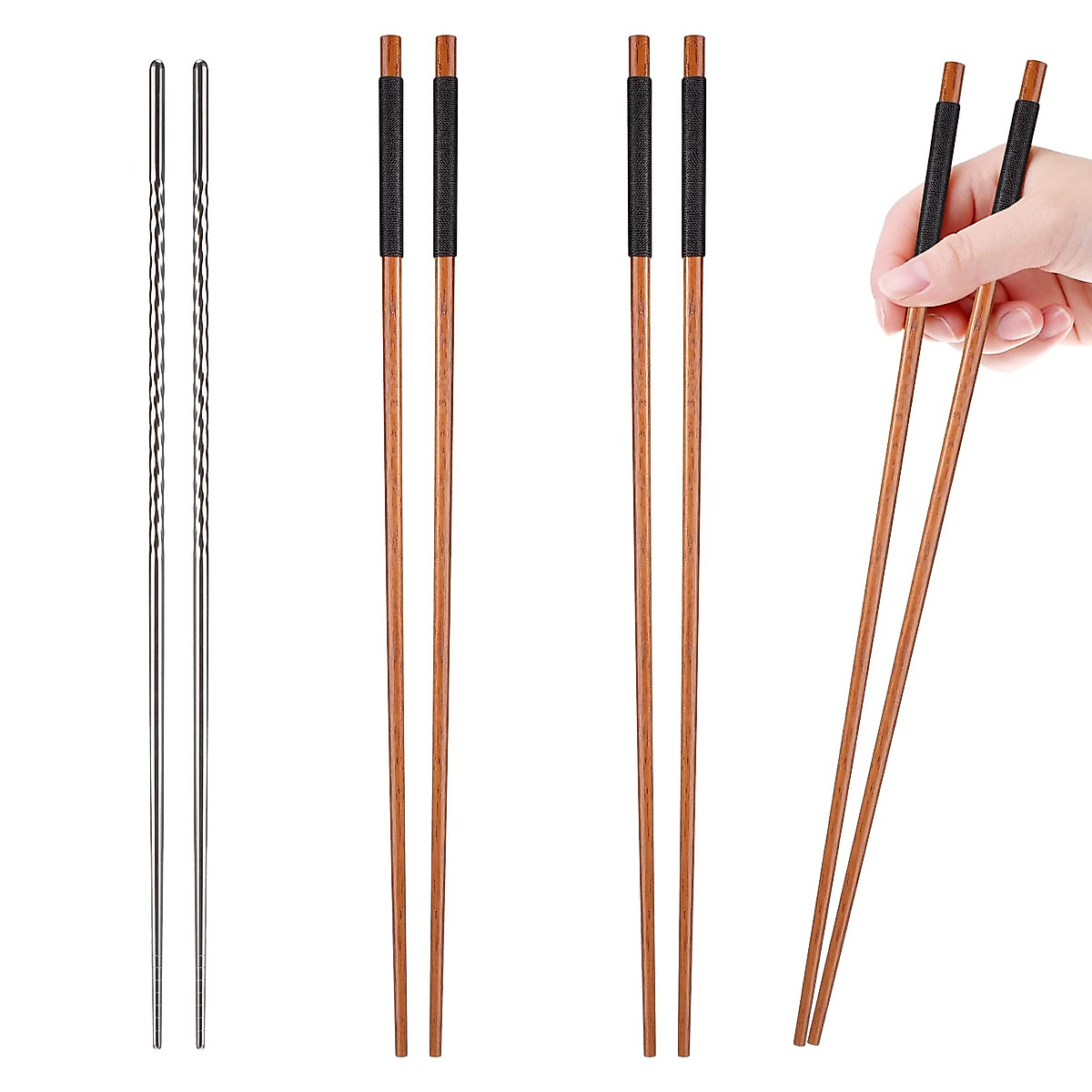 3 Pairs Long Cooking Chopsticks 15.3 Inch Extra Long Stainless Steel Chopsticks and 16.5 Inch Extra Long Wooden Kitchen Frying Chopsticks for Hot Pot, Frying, Noodle, Cooking Favor