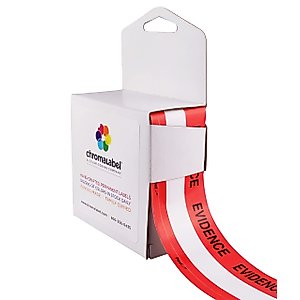 ChromaLabel 1.37 Inch Imprinted Evidence Tape Stickers, Tamper Evident Tape Crime Scene Decorations - 480 Inch Roll (13.33 Yards) with Dispenser Box, Red and White