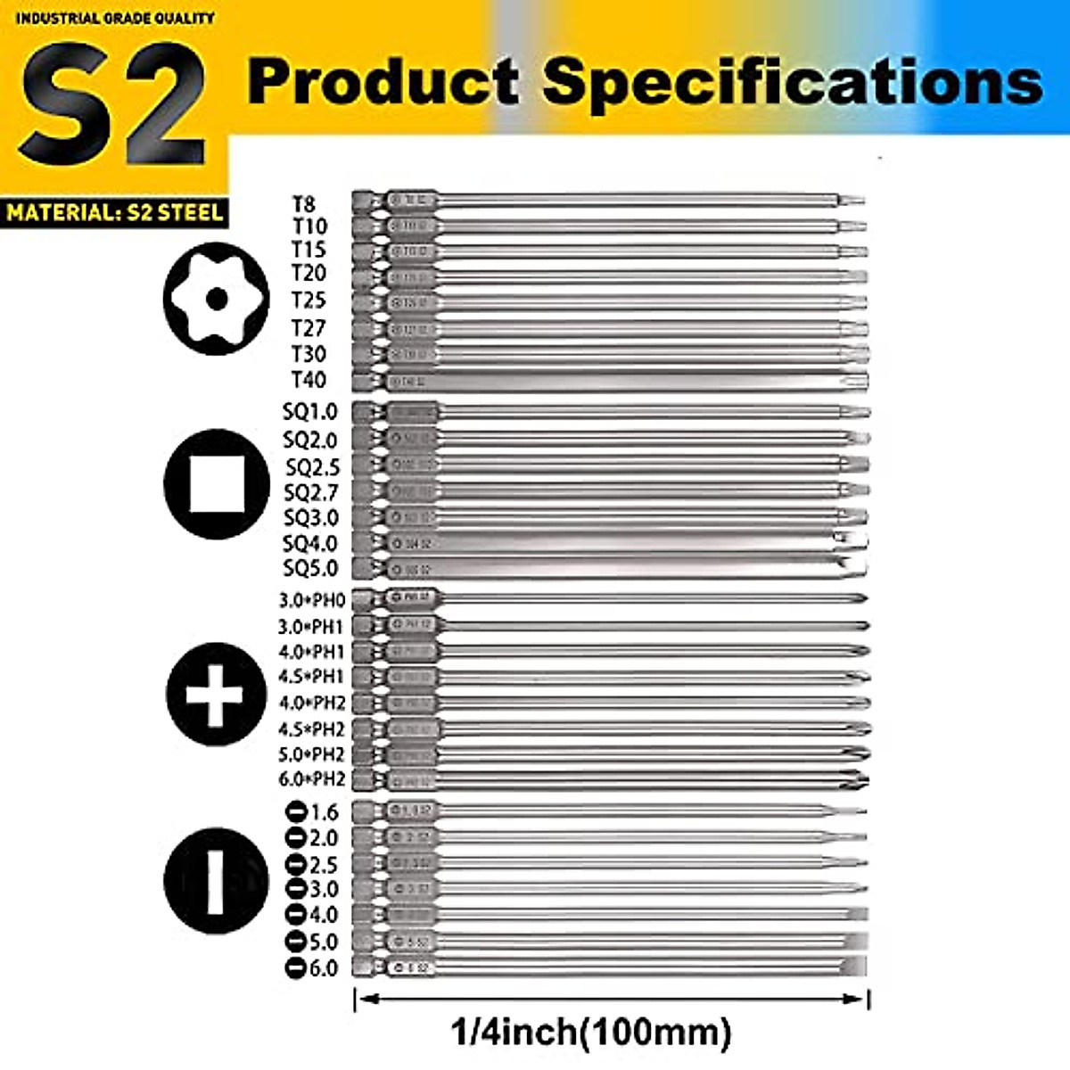 30 Pcs Long Magnetic Screwdriver Bit Set 4 Inch, Mixiflor 1/4 Inch Hex Shank S2 Steel Magnetic 4 Inch Long Drill Bits with Storage Box(Slotted+Cross+Square +Torx)