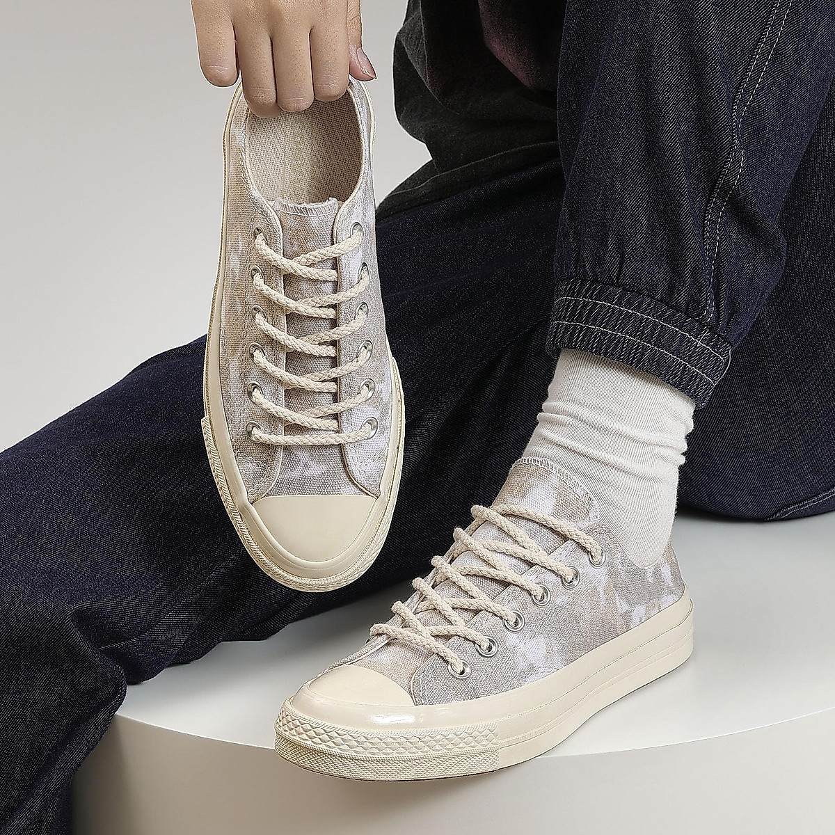 Handshop 2 pairs Round Rope Shoe laces, Thick Cotton Sneaker Shoelaces for Men Women Shoes Beige 100(5mm)