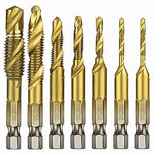 BAYTORY 7Pcs Titanium Combination Thread Drill and Tap Set, Metric HSS M3-M10 Screw Tapping Countersink Bit Tool 1/4" Hex Shank (Titanium Coated)