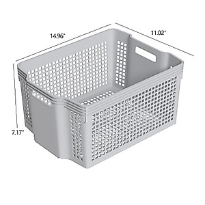Wakikini 12-Pack Plastic Deep Storage Basket, Large Plastic Stackable Baskets, Gray