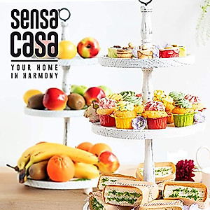 SensaCasa Farmhouse Tiered Tray – 3 Tier Tray – Rustic White Three Tier Tray - Wooden Farmhouse Kitchen Decor – 3 Tier Serving Trays – Wood Round Tiered Stand