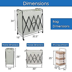 Vilobos Folding 3 Sections Laundry Cart Sorter, Laundry Hamper with Heavy Duty Lockable Wheels, Laundry Basket Organizer Rolling Laundry Basket, Grey