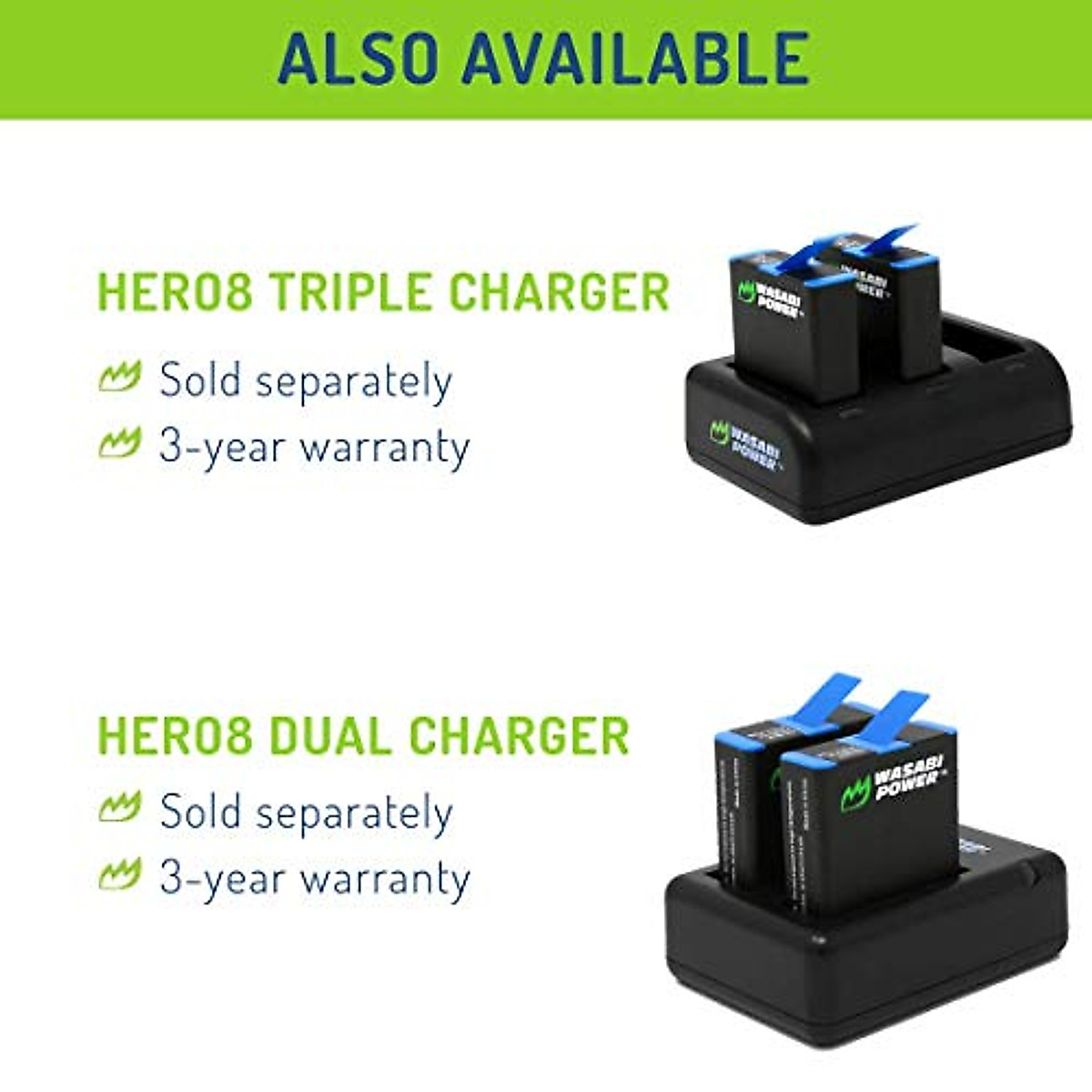 Wasabi Power Battery (2-Pack) for GoPro HERO8 Black (All Features Available), HERO7 Black, HERO6 Black, HERO5 Black, Hero 2018, Fully Compatible with Original