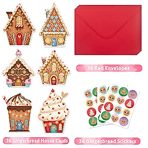 ceiba tree 36Pcs Christmas Gingerbread House Cards Festive Winter Holiday Greeting Cards with Envelopes and Stickers Die Cut