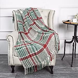 LALIFIT Christmas Home Decor Super Soft Vintage Fluffy Plaid Throw Blanket-100% Acrylic Cashmere-like- Bedspread Picnic Tailgate Stadium RV Camping Blanket with Fringe,50in W x 67in L (Green/Red)