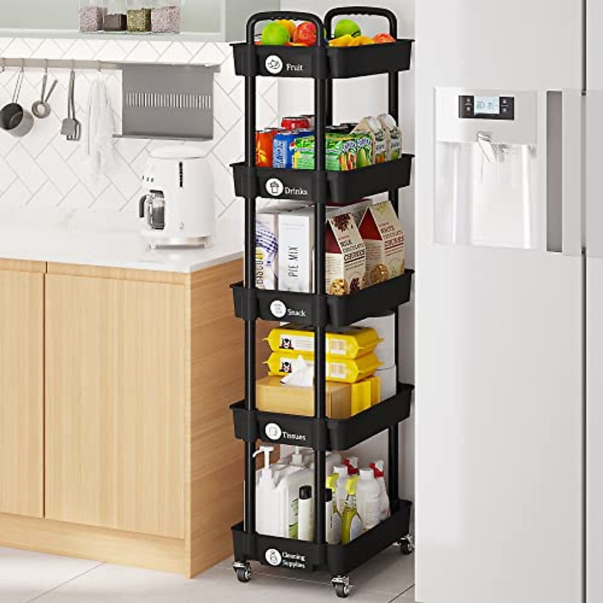 Laiensia 5-Tier Storage Cart,Multifunction Utility Rolling Cart Kitchen Storage Organizer,Mobile Shelving Unit Cart with Lockable Wheels for Bathroom,Laundry,with Classified Stickers,Black