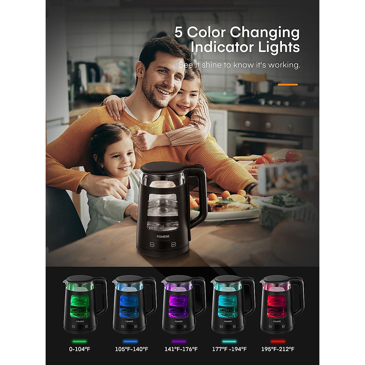 Electric Kettle, 1.7L Glass Tea Kettle, with Keep Warm, 5 Temperature Control, 1500W Fast Boil, Auto Shut-Off & Boil-Dry Protection, with 5 Colored Lights, Black