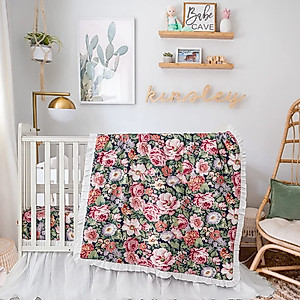 Brandream 3-Piece Crib Bedding Sets for Girls Garden Allure Blossom Floral Baby Nursery Set | Crib Comforter, Fiited Crib Sheet, White Tulle Lace Crib Bed Skirt, Pink Purple Green,100% Cotton