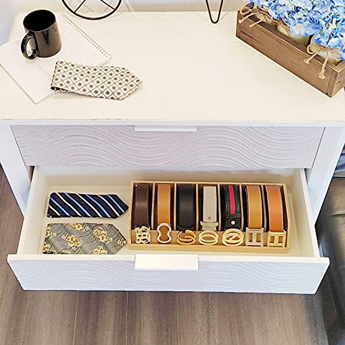 B4Life Belt Organizer, 7 Compartments Belt Display Rack for Men, Bamboo Belt Holder for Closet and Drawer, Belt Display Case Belt Box Belt Storage Organizer for Wall Belt Hangers (Yellow)
