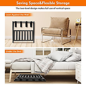 KONGKUNI 2-layer Luggage Rack for Guest Room, Foldable Suitcase Stands, Bamboo Luggage Holder with Storage Shelf, for Guest Room, Bedroom, Hotel,Holds up to 220 lb,Black