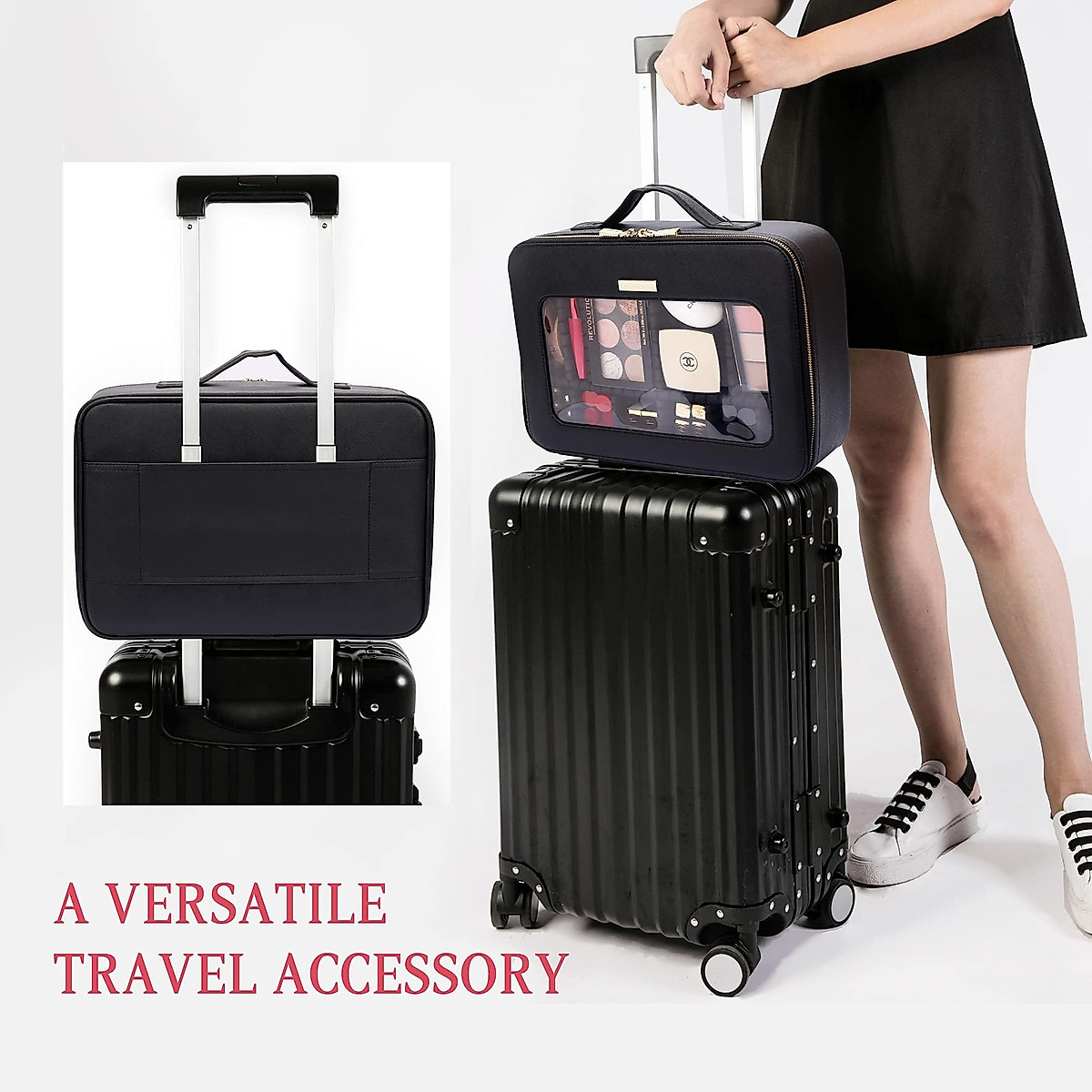 ROWNYEON Large Makeup Train Case Travel Clear Eva Makeup Bag Organizer Visible Waterproof Tpu 16.1" Comestic Bag For Womens