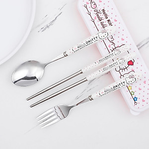 G-Ahora Kitty Portable Camp Reusable Flatware Kitty Cat Travel Utensils Case with Stainless Steel Fork Spoon Chopsticks(SCF-KT)