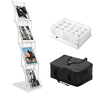 XIDIHF Brochure Magazine Catalog Literature Display Rack Stand,Foldable Magazine Stand 4 Pockets with Carrying Bag for Office Trade Show Exhibitions (White)
