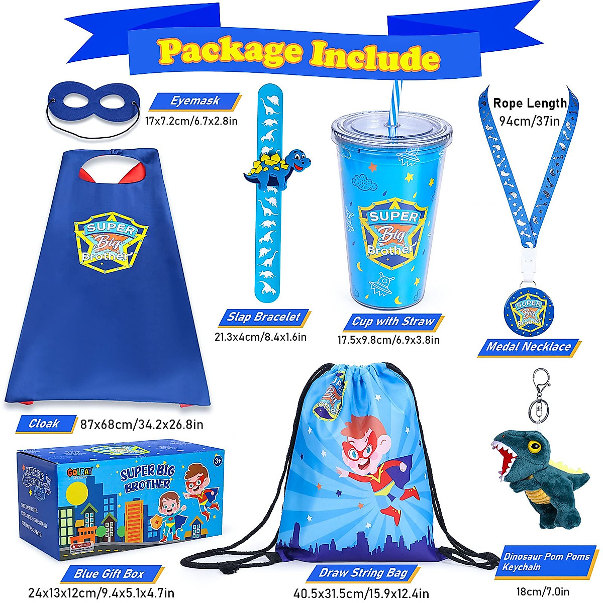 Golray Super Big Brother Gifts Set with Superhero Cape Eyemask Dinosaur Slap Bracelets Necklace, Drawstring Backpack, Plush Keychain, Insulated Plastic Tumbler Cup Big Brother Gift Little Toddler Boy