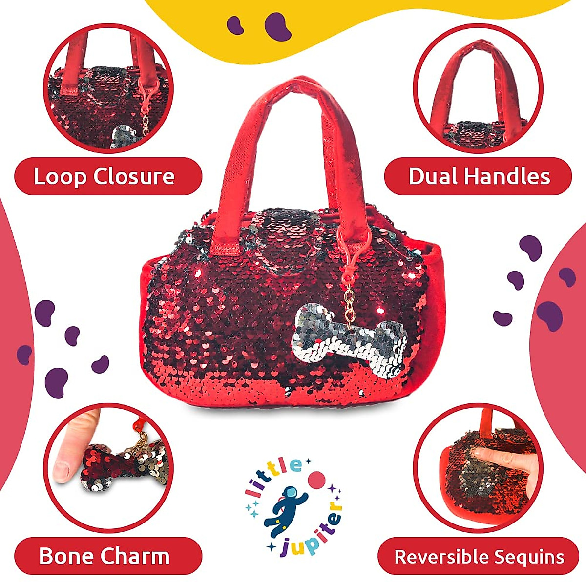 Little Jupiter Plush Pet Set with Purse w/Reversible Sequins & Charm - Stuffed Animal Toy for Kids Ages 4-5 - 6-7 - Stuffed Animal Purse - Stuffed Animals for Girls - (Brown Labradoodle)