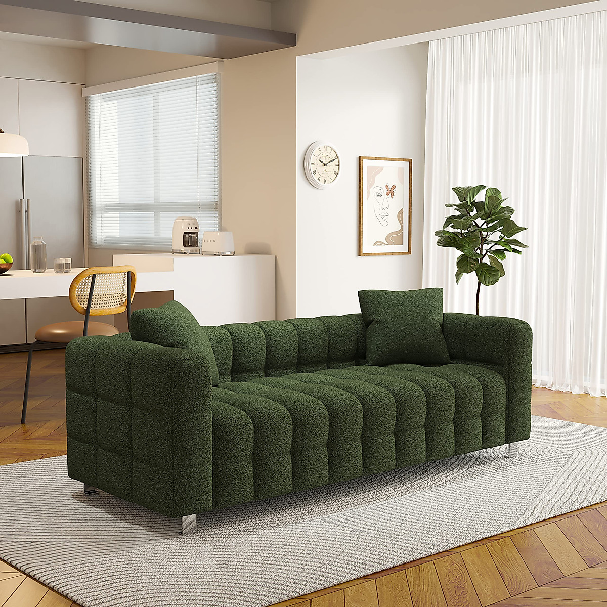 kevinplus 80" Green Cloud Sofa Couch for Living Room, Futon 3-Seat Chesterfield Sofa Upholstered Contemporary Couch with Pillows & Sliver Metal Leg for Bedroom Apartment, Green