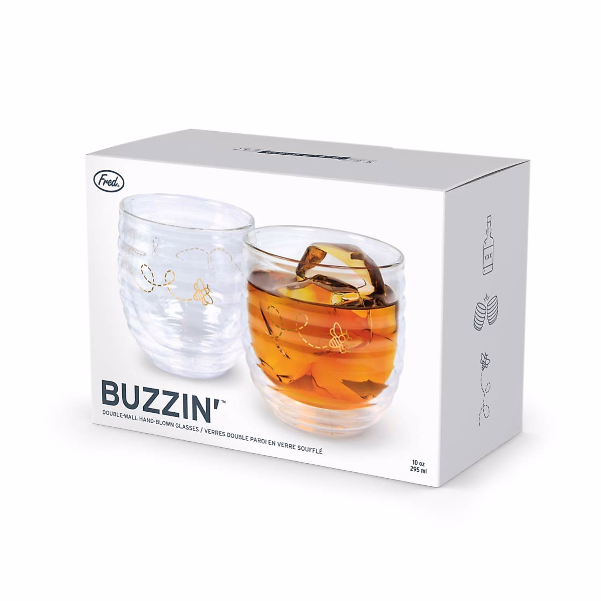 Fred & Friends Genuine Fred BUZZIN' - Rocks Glasses, clear and gold, 10 fluid ounces