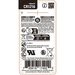 Renata CR12161Pk No. Cr1216 Lithium Coin Battery