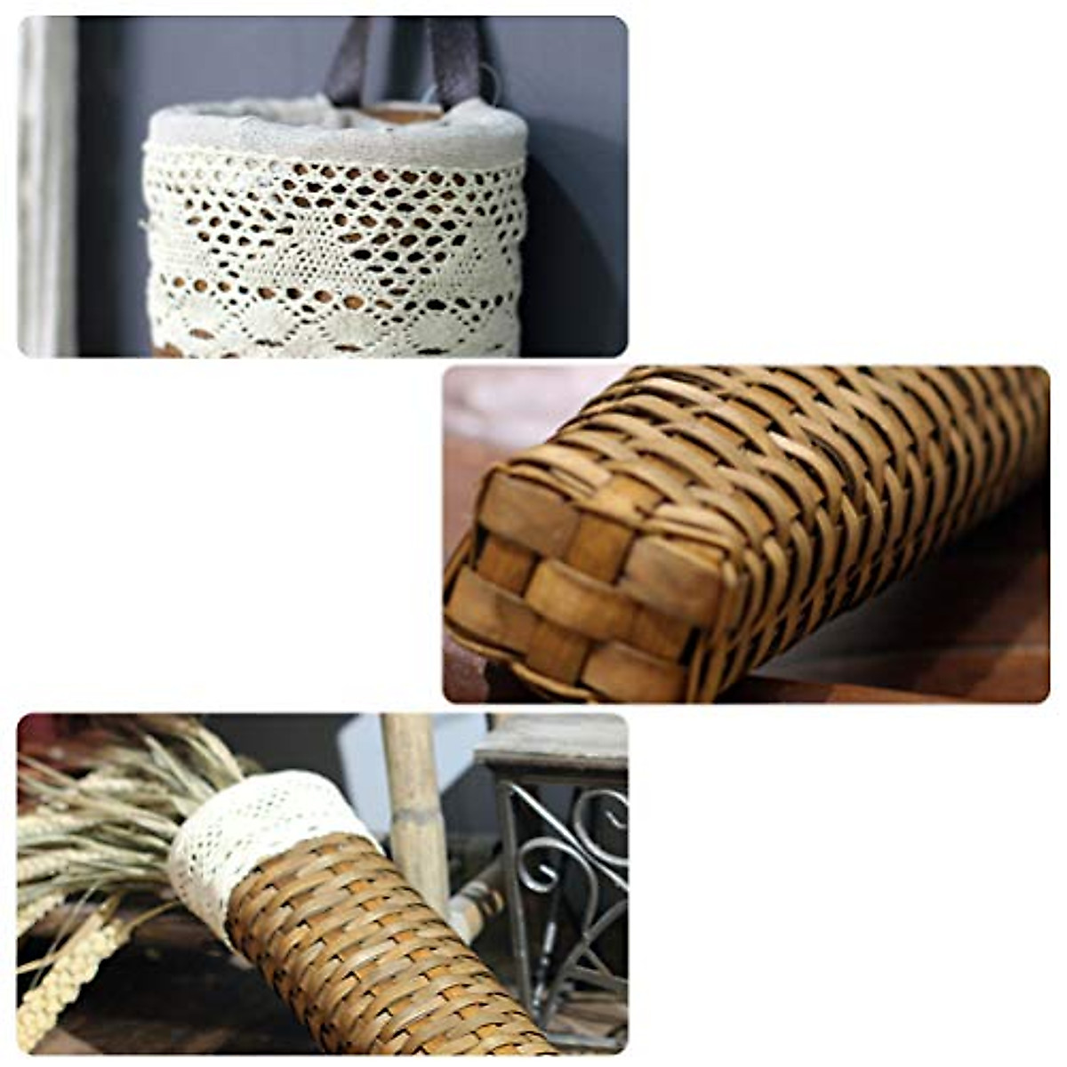 Cabilock Woven Hanging Basket Wicker Rustic Handmade Long Storage Basket Plant Hanger with Lace Trim for Indoor Plants Home Wall Decor (Khaki)