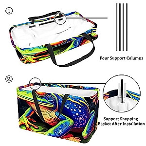 Reusable Grocery Bags Boxes Storage Basket, Red Eye Frog Pattern Collapsible Utility Tote Bags with Long Handle