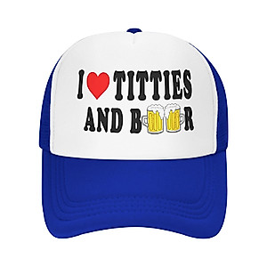 NVJUI JUFOPL Funny Trucker Hat, I Heart Titties and Beer - Adjustable Mesh Baseball Cap for Men & Women Blue