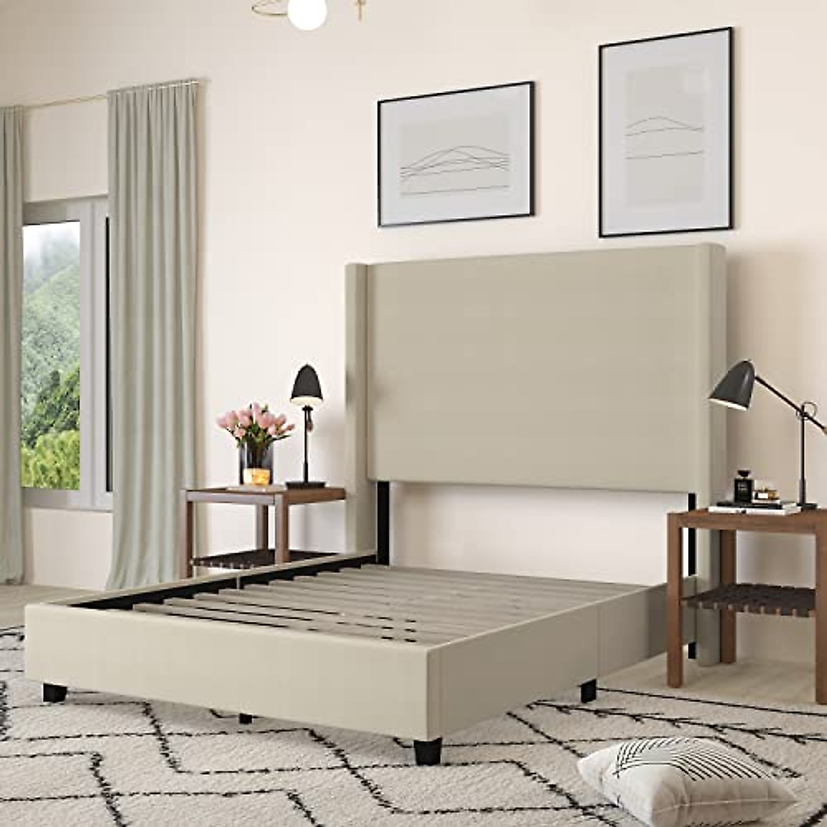 Merrick Lane Bramlett Modern Full Size Platform Bed Frame with Padded Faux Linen Upholstered Wingback Headboard and Wood Support Slats in Beige