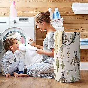 LNDDYTP Watercolor Cartoon Western Cowboy Laundry Hamper Dirty Clothes,Rustic American Western Desert Cactus Horse Cow Skull Large Laundry Basket Storage Basket For Bathroom 15.7W"" X27.2H""