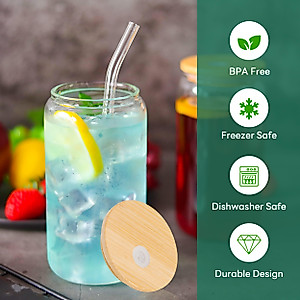 Joyclub 12 Set Glass Cups with Bamboo Lids and Straws 16oz Can Shaped Reusable Iced Coffee Cups with Lids, Drinking Glasses Tumbler with Straw and Lid for Soda Boba Tea Cocktail Whiskey Gift