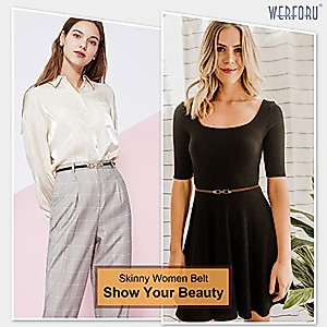 WERFORU Women Skinny Belt for Dress,Thin Waist Belt - Adjustable Leather Belt with Gold Buckle, Black, Fit Waist Size below 37 Inches