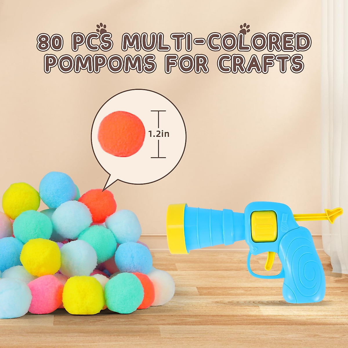 Splarwbk 1 Cat Ball Launcher + 80Pcs 1.2’’Cat Toy Balls(New Upgraded),Silent Plush Elastic Cat Ball Toy,Interactive Cat Toys for Indoor Cats Kitten Toys,Plush Ball Shoot Gun for Kitty